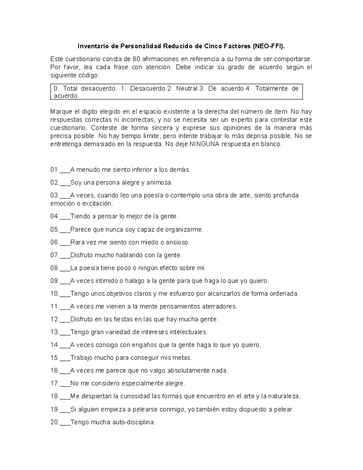 Inventario de Personalidad NEO-FFI: Cuestionario Reducido de 60 Ítems ...