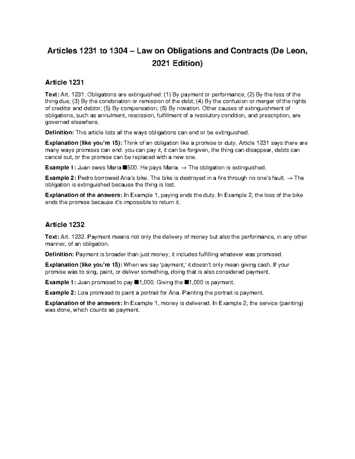 Articles 1231-1304: Law on Obligations & Contracts Overview - Studocu