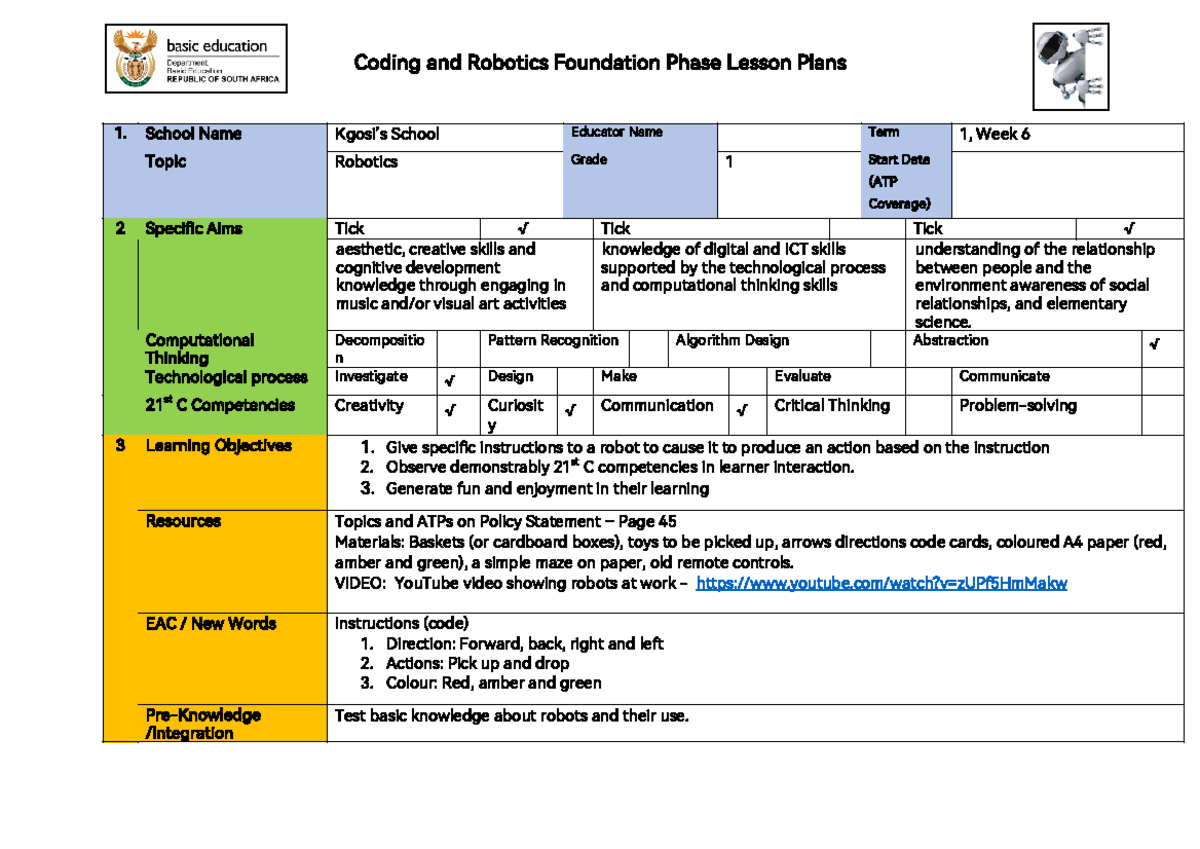 Grade 1 Term 1 LP 2: Engaging Robotics Lesson Plan Draft 2 - Studocu