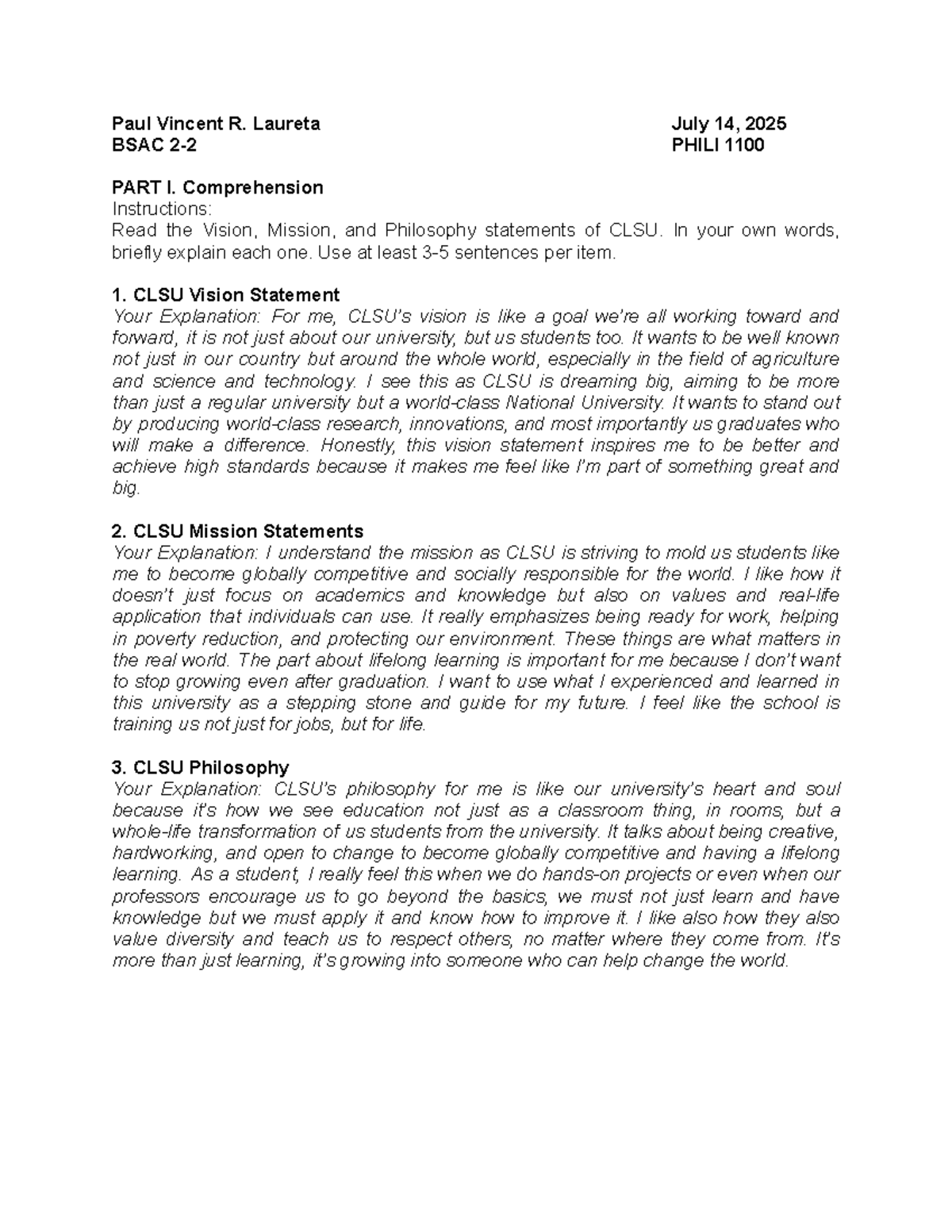 PHILI 1100 Activity 1: Understanding CLSU Vision, Mission & Philosophy ...