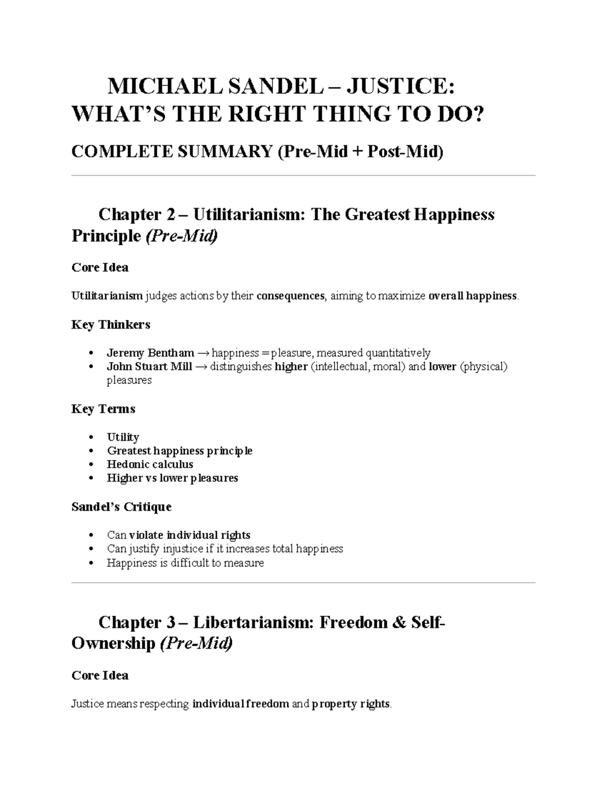 IBE 101 Sandel's Justice: Complete Summary of Key Concepts - Studocu