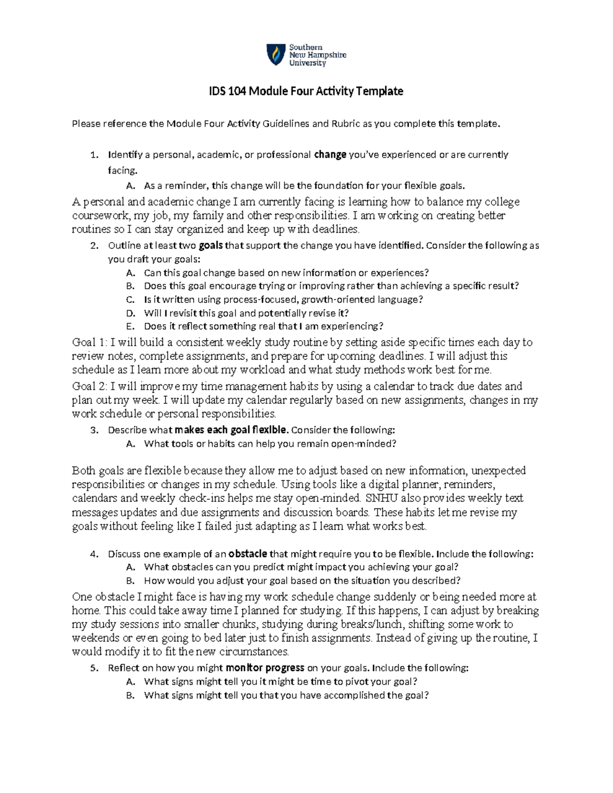 IDS 104 Module Four Activity: Flexible Goal Setting Template - Studocu
