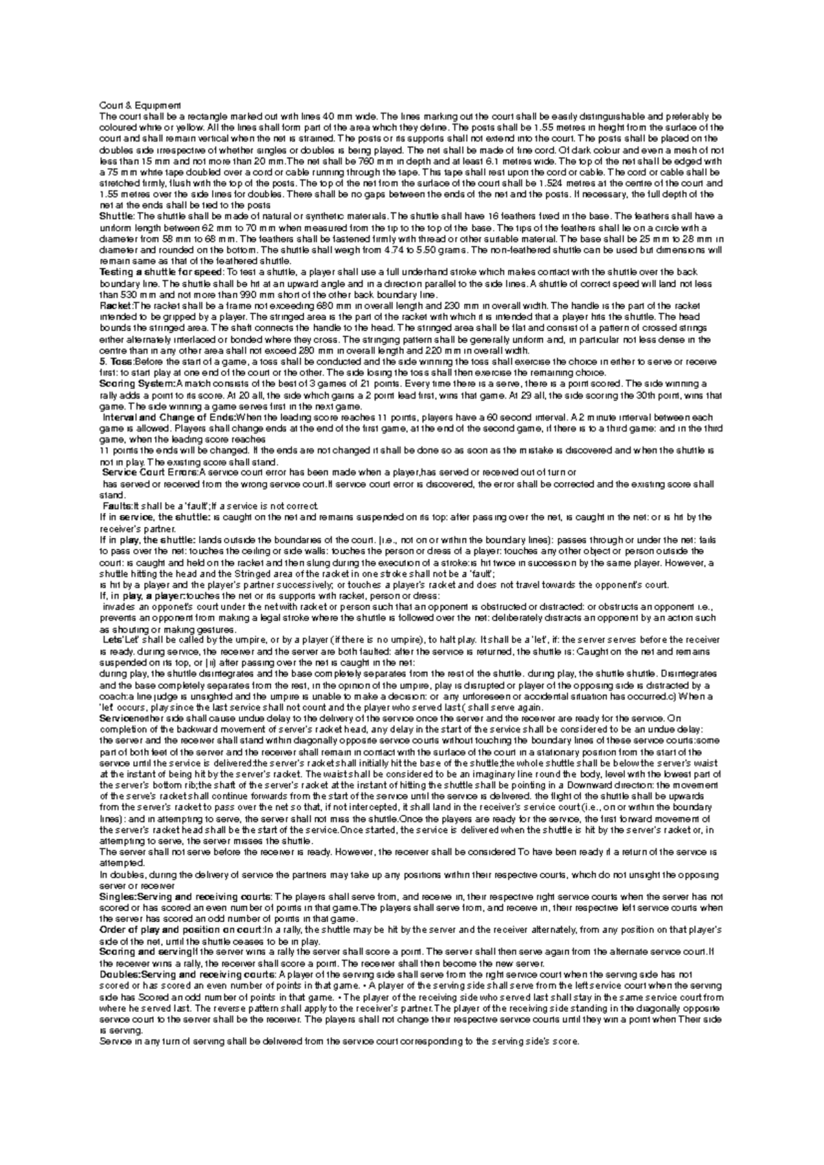 Badminton - PE Notes: Court Equipment and Game Rules - Studocu