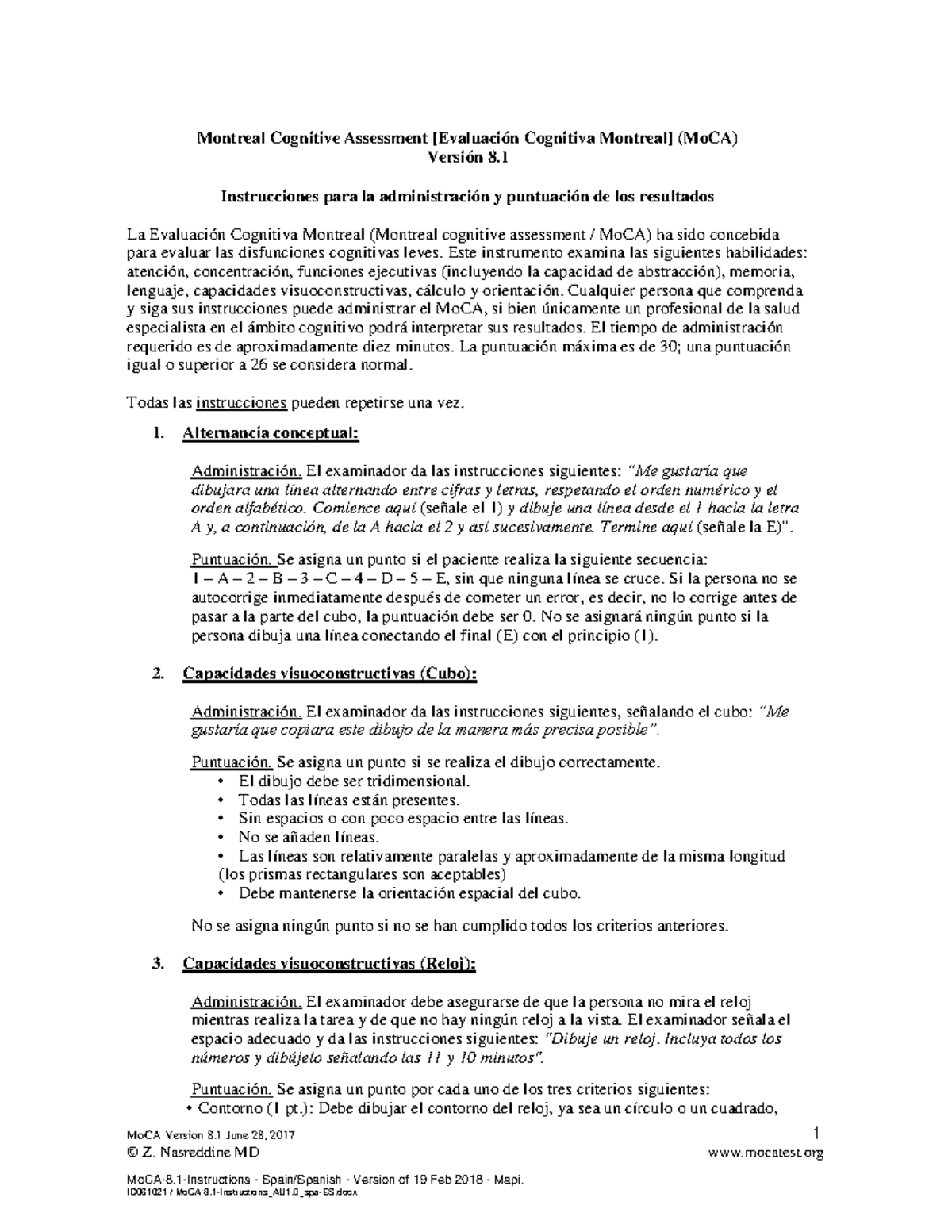 Evaluación Cognitiva Montreal (MoCA) - Test y Puntuación en Español ...