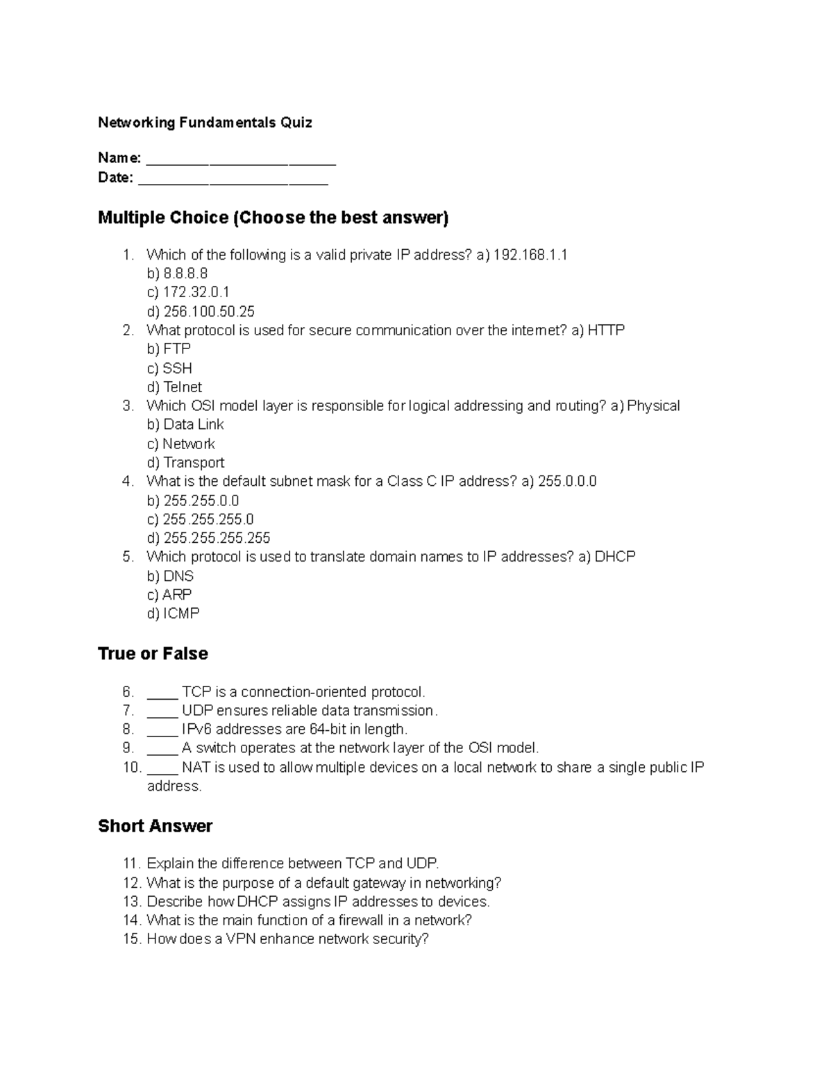 Networking 1: Fundamentals Quiz Questions and Answers - Studocu