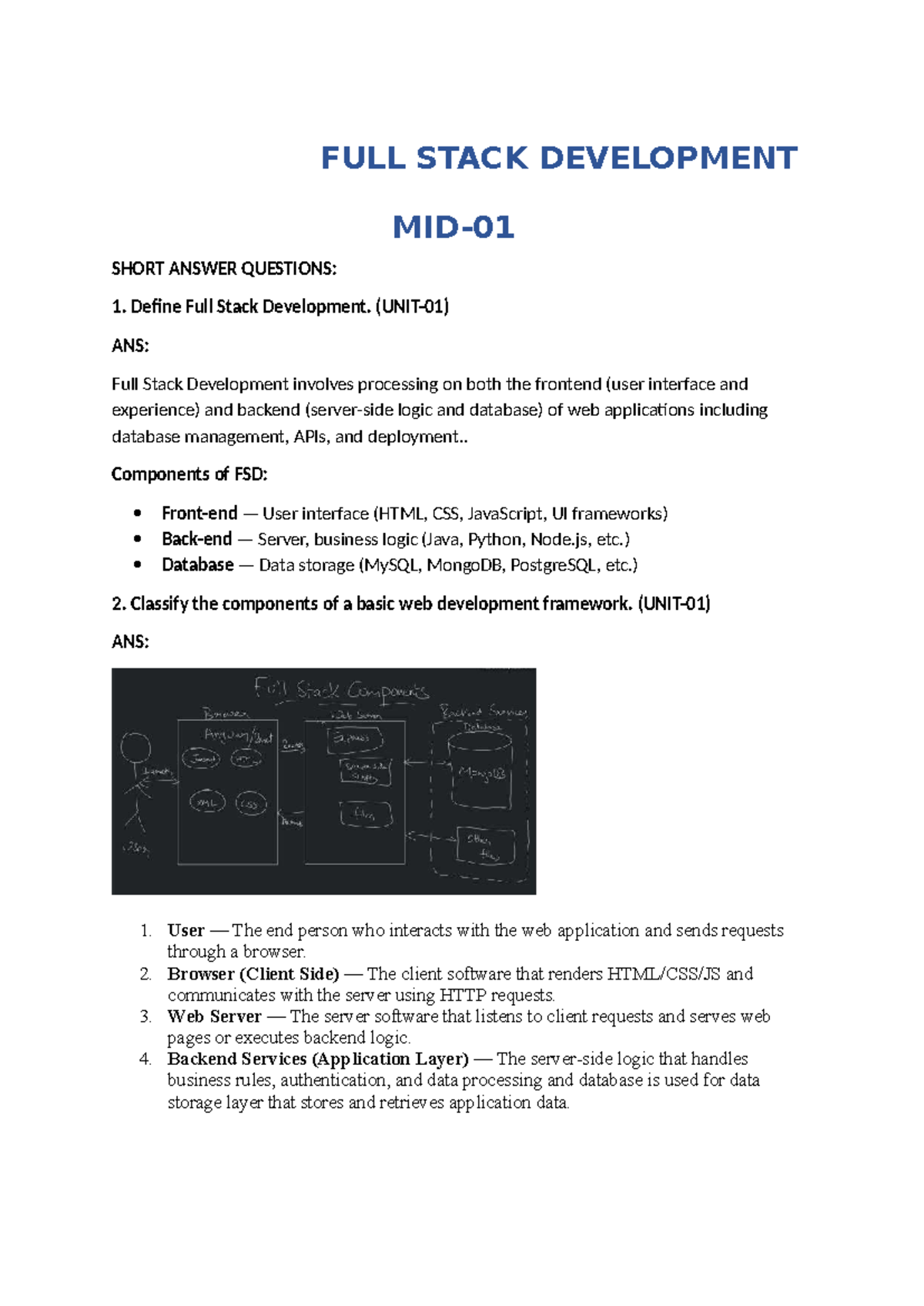 FSD MID-01: Short Answer Questions on Full Stack Development - Studocu
