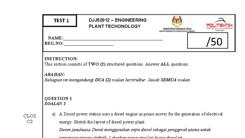 DJJ52012 - Engineering Plant Technology Test 1 Questions - Studocu