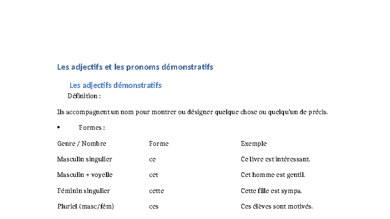 Adjectifs et Pronoms Démonstratifs - Cours de Français - Studocu