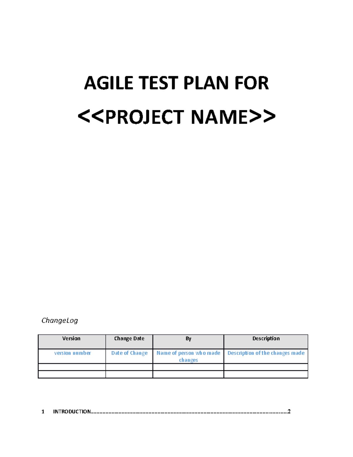 Agile Test Plan Template - AGILE TEST PLAN FOR ChangeLog Version Change ...