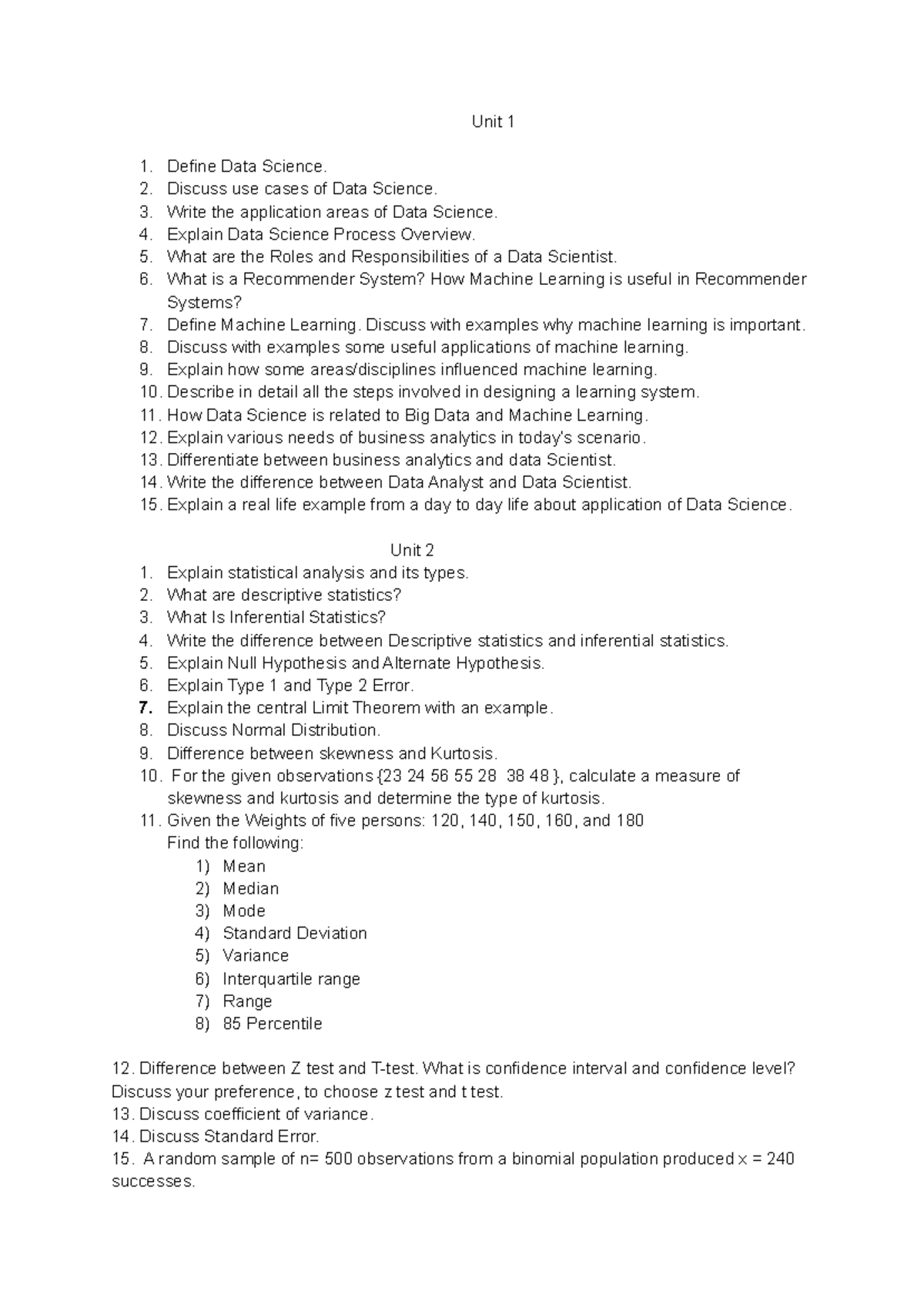 Data Science & Machine Learning Question Bank - Unit 1 & 2 - Studocu