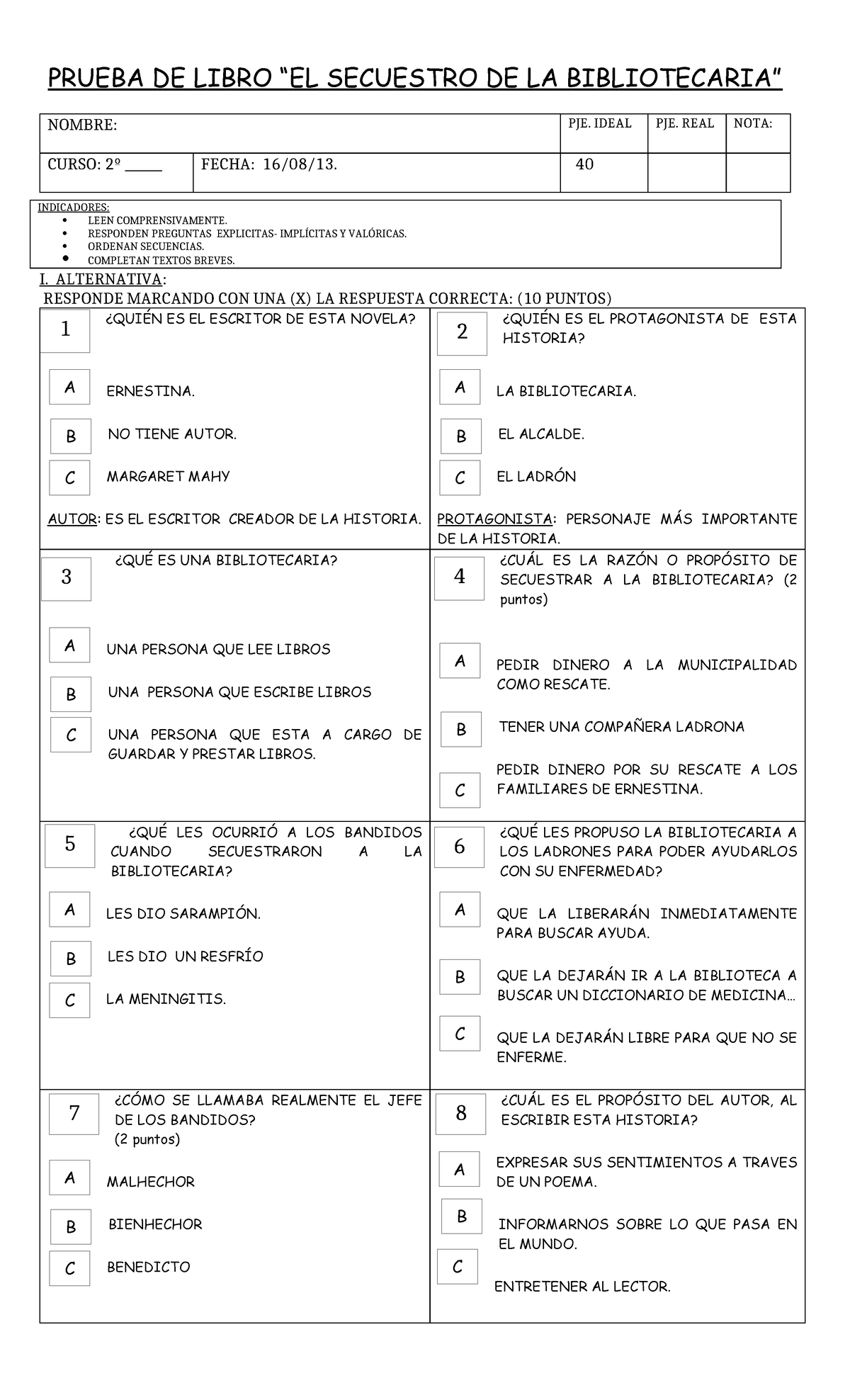 Prueba de Libro: El Secuestro de la Bibliotecaria - Curso 2º - Studocu