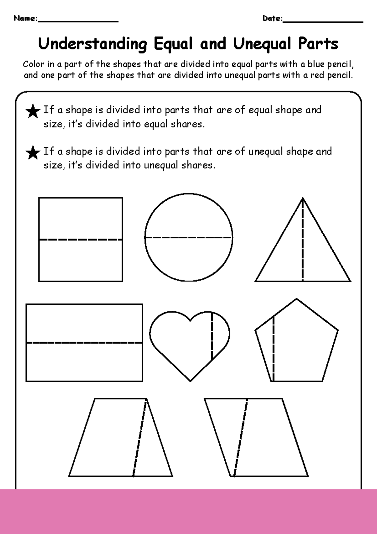 Understanding Equal and Unequal Parts - 2nd Grade Worksheet - Name ...