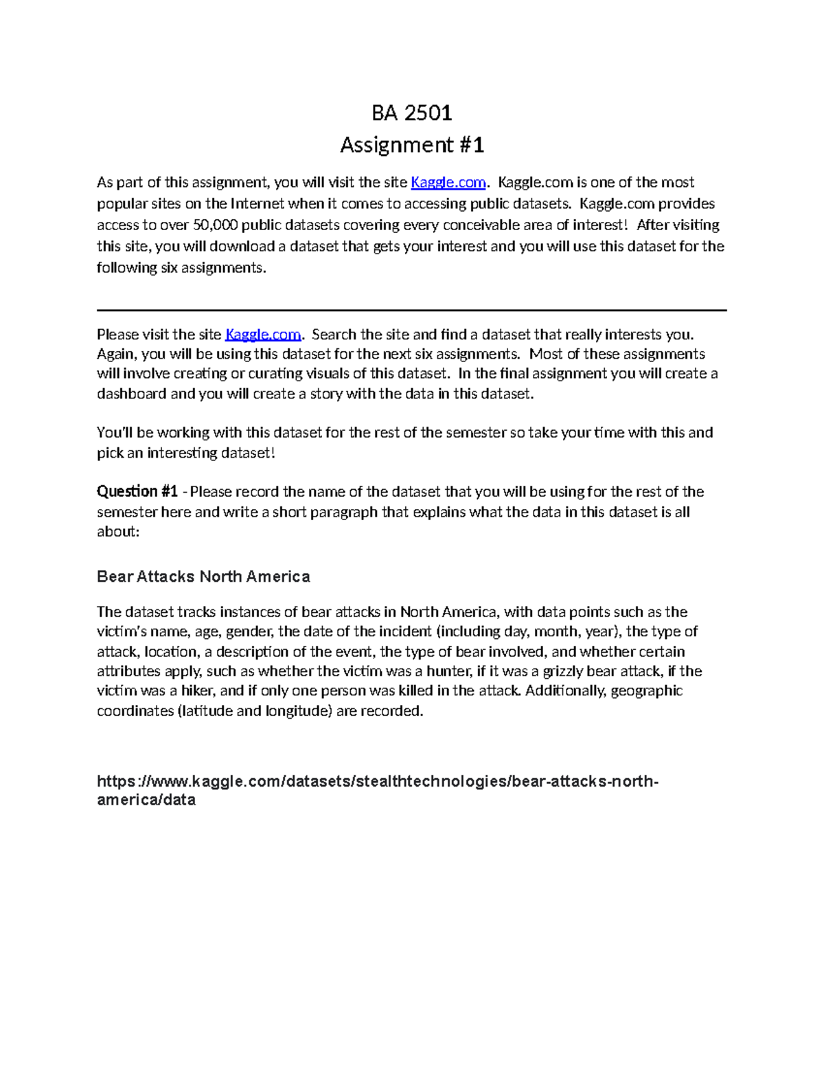 BA 2501 Assignment #1: Analyzing Bear Attack Data from Kaggle - Studocu