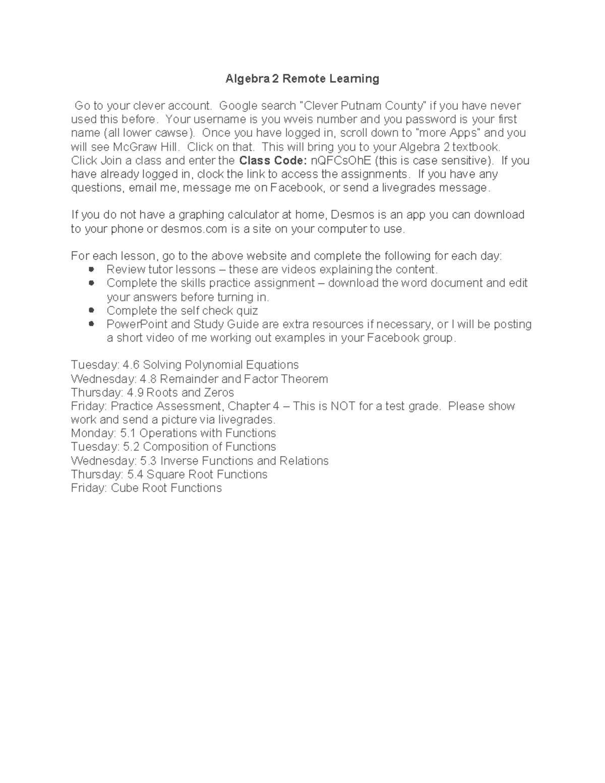 Algebra 2 Remote Learning - Algebra 2 Remote Learning Go to your clever ...