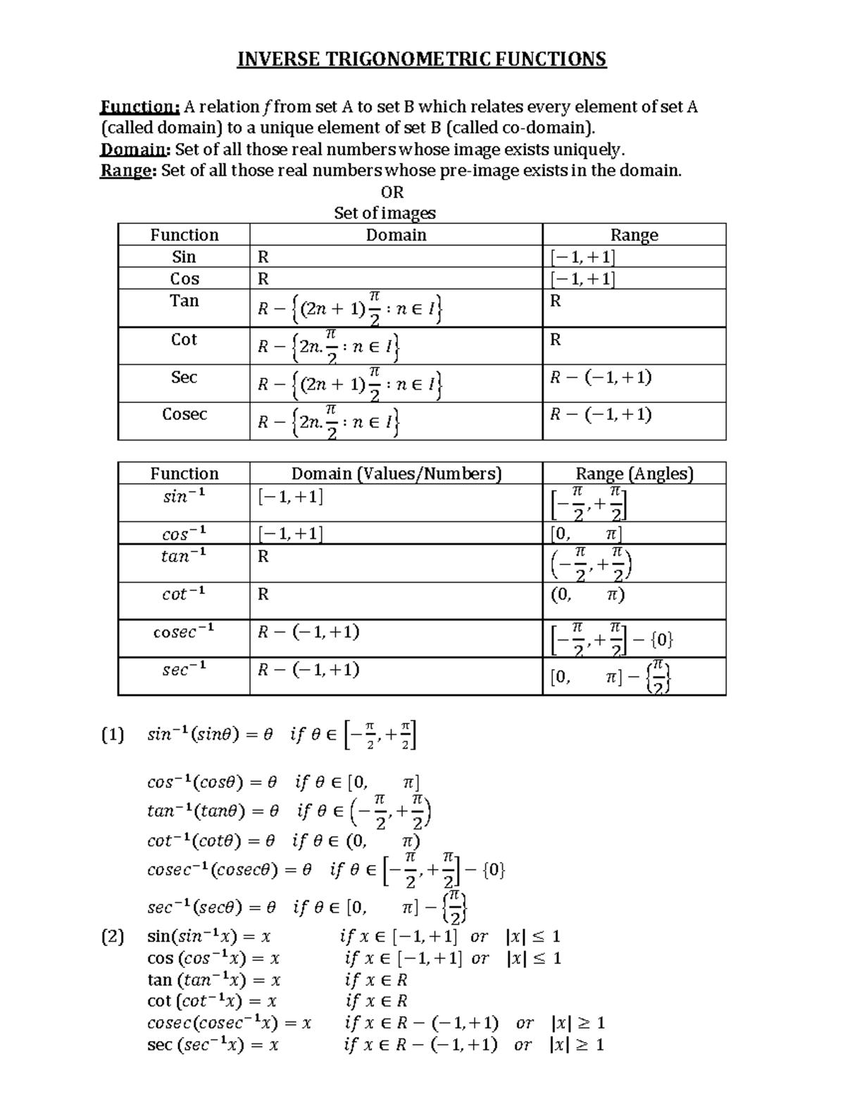 Inverse Trigonometric Functions: Domain and Range Analysis - Studocu