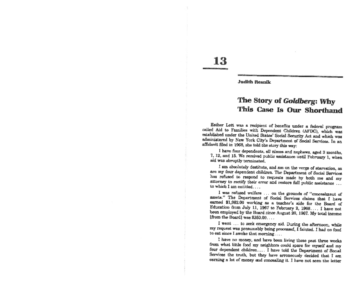 Judith Resnik's Insights on Goldberg Case: Social Welfare Implications ...