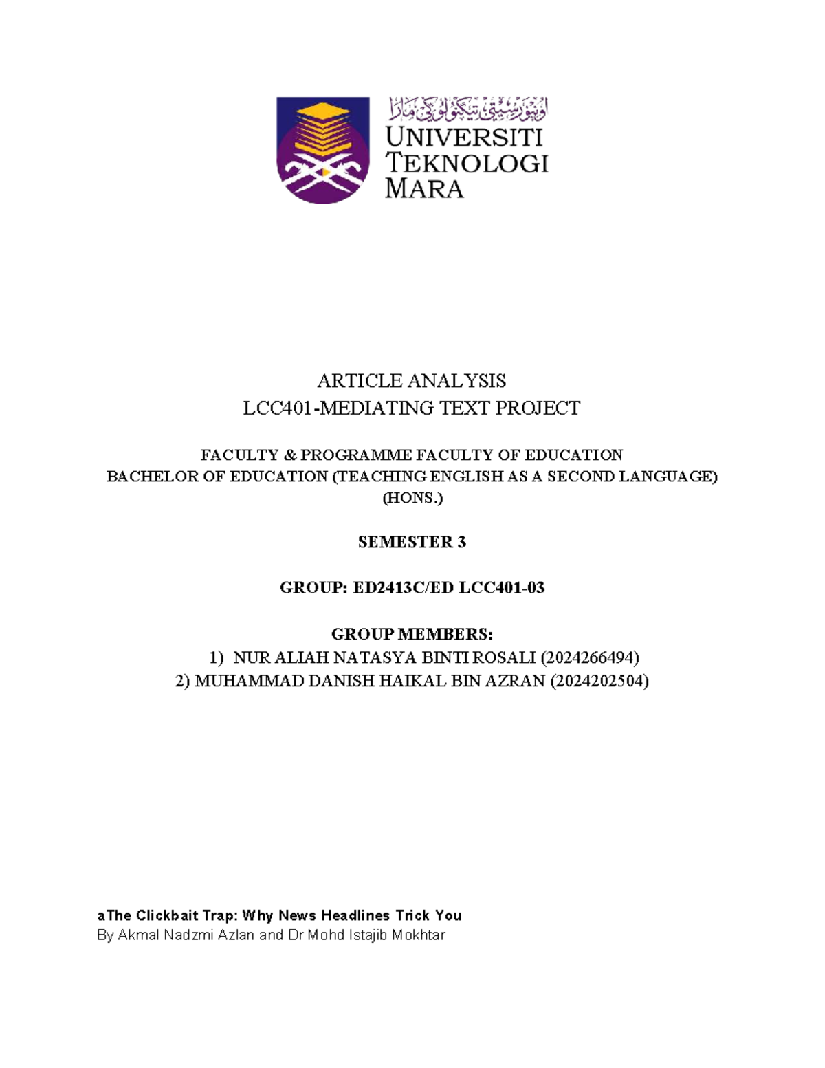 ARTICLE ANALYSIS: The Clickbait Trap in Digital Media (EDU 301) - Studocu