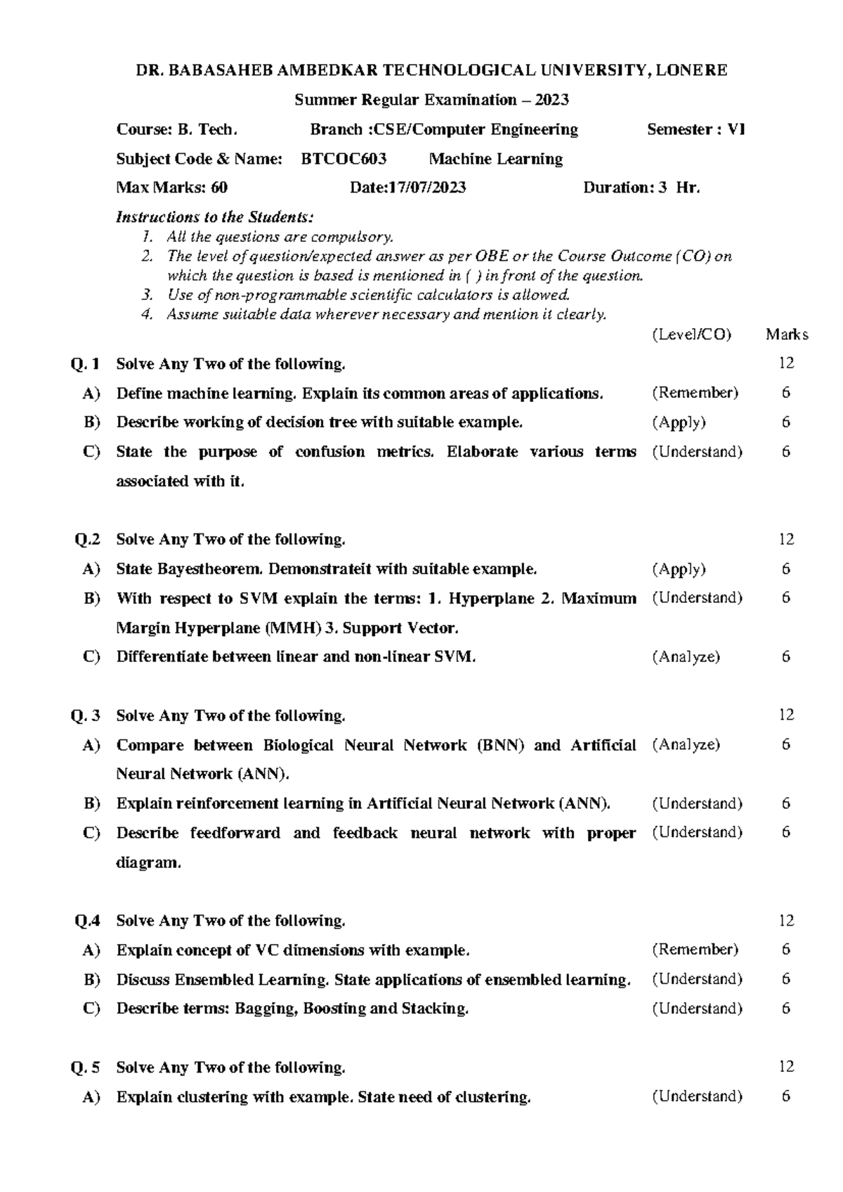 exam paper of Machine Learning (BTCOC603) - DR. BABASAHEB AMBEDKAR ...