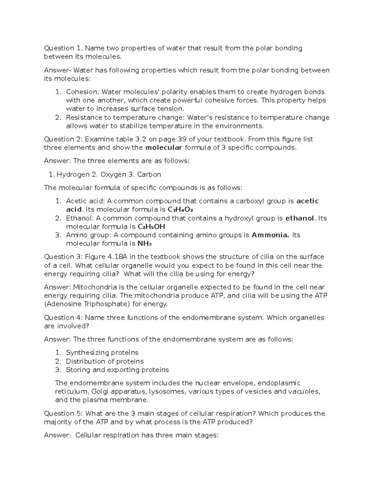 Assignment 1 BIO 1000 - Question 1. Name two properties of water that ...