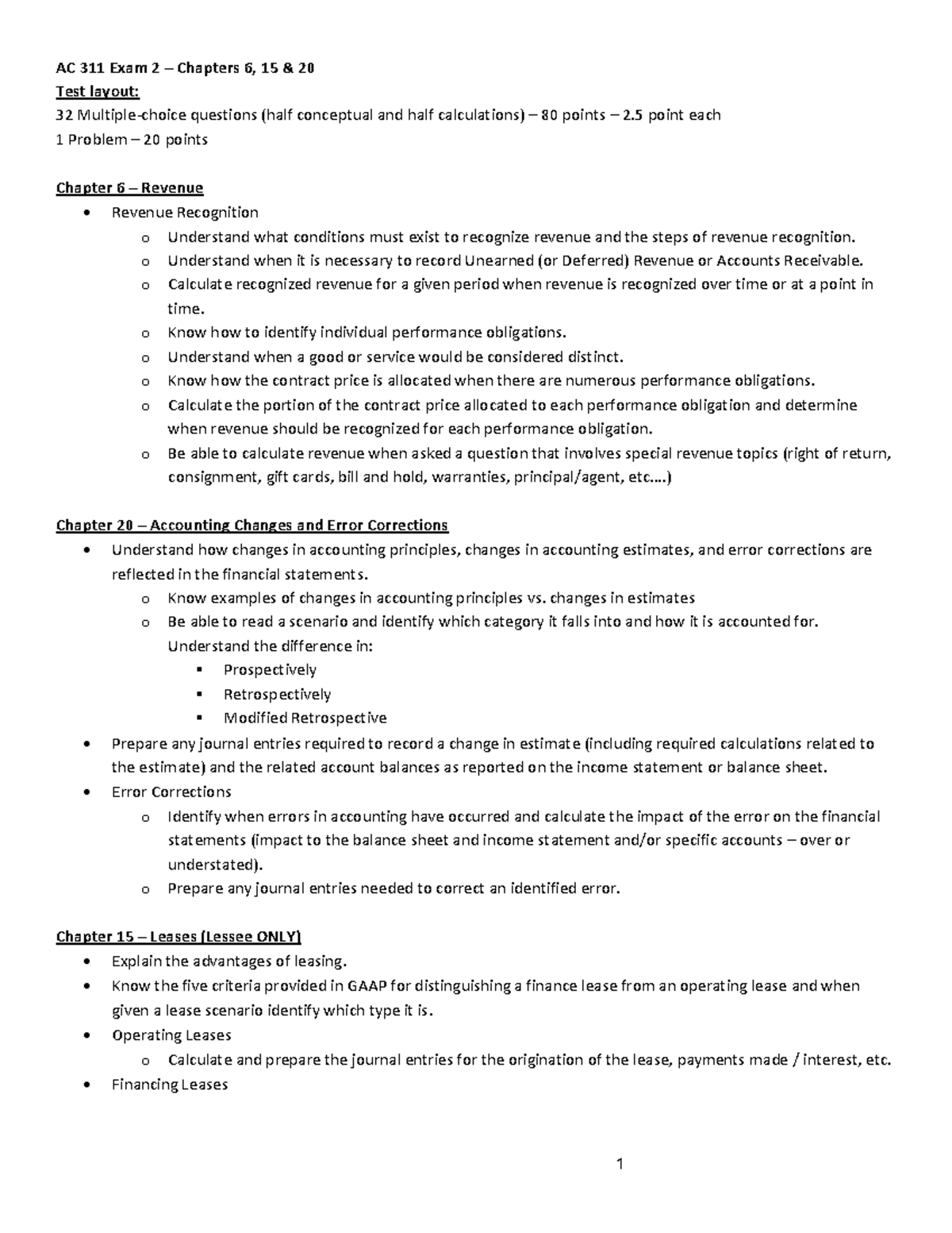 AC 311 Exam 2 Study Guide: Chapters 6, 15, 20 Overview - Studocu