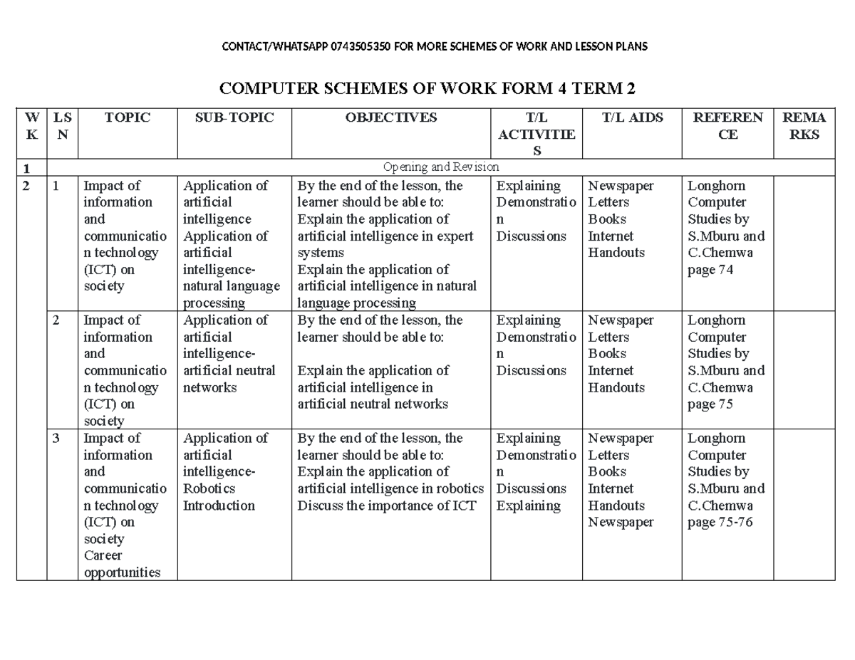 FORM 4 TERM 2 Computer Schemes of Work and Lesson Plans @0743505350 ...