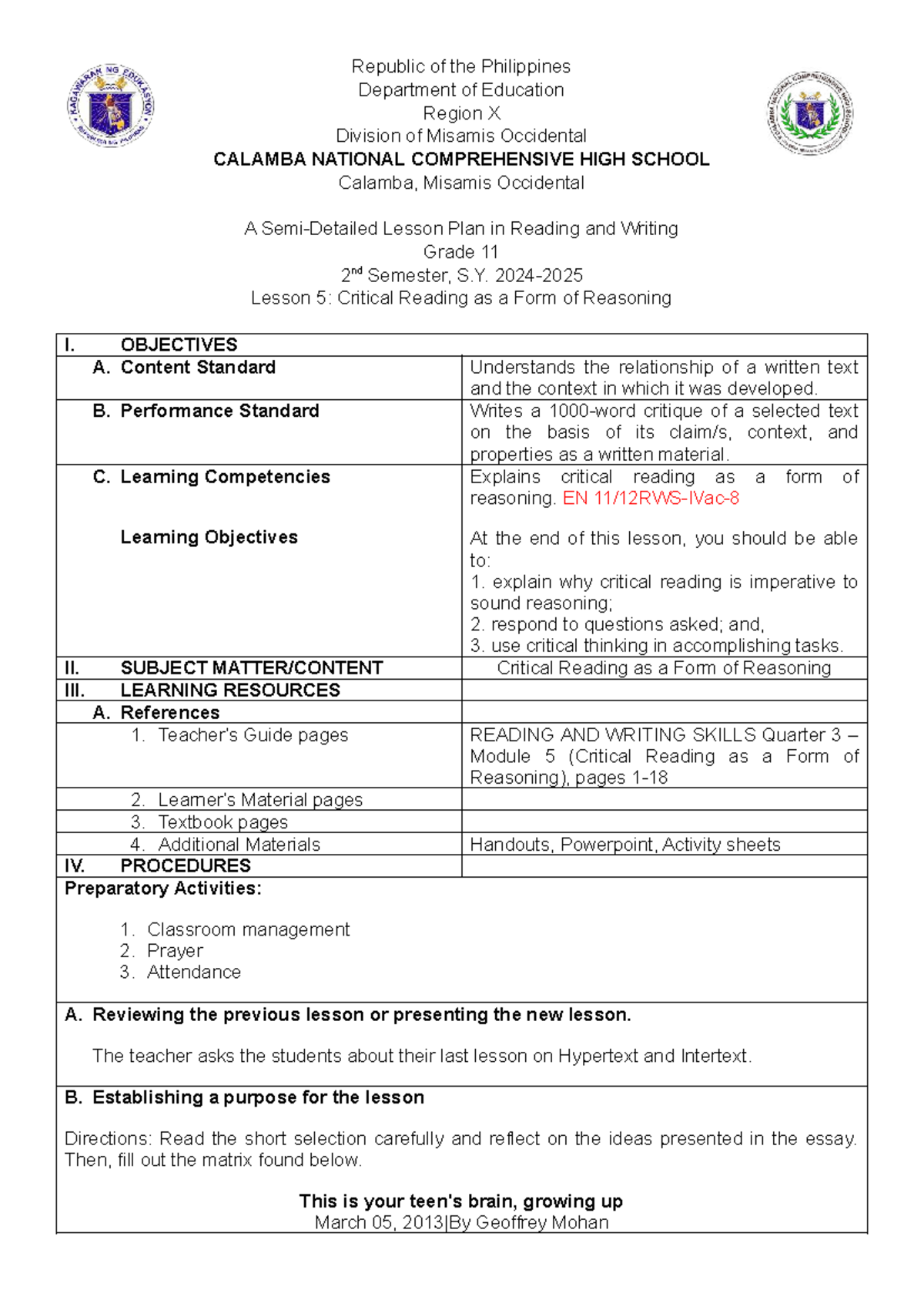 DLP Grade 11 Lesson 5: Critical Reading as a Form of Reasoning - Studocu