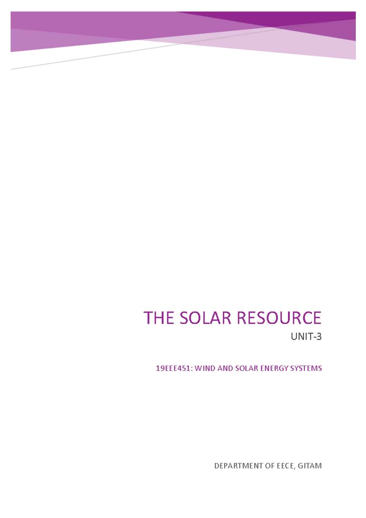 Unit 3 - Lecture on Solar Energy Systems (19EEE451) - Studocu
