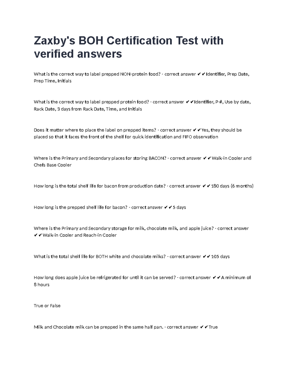 Zaxby's BOH Cert Test with Verified Answers & Key Details - Studocu