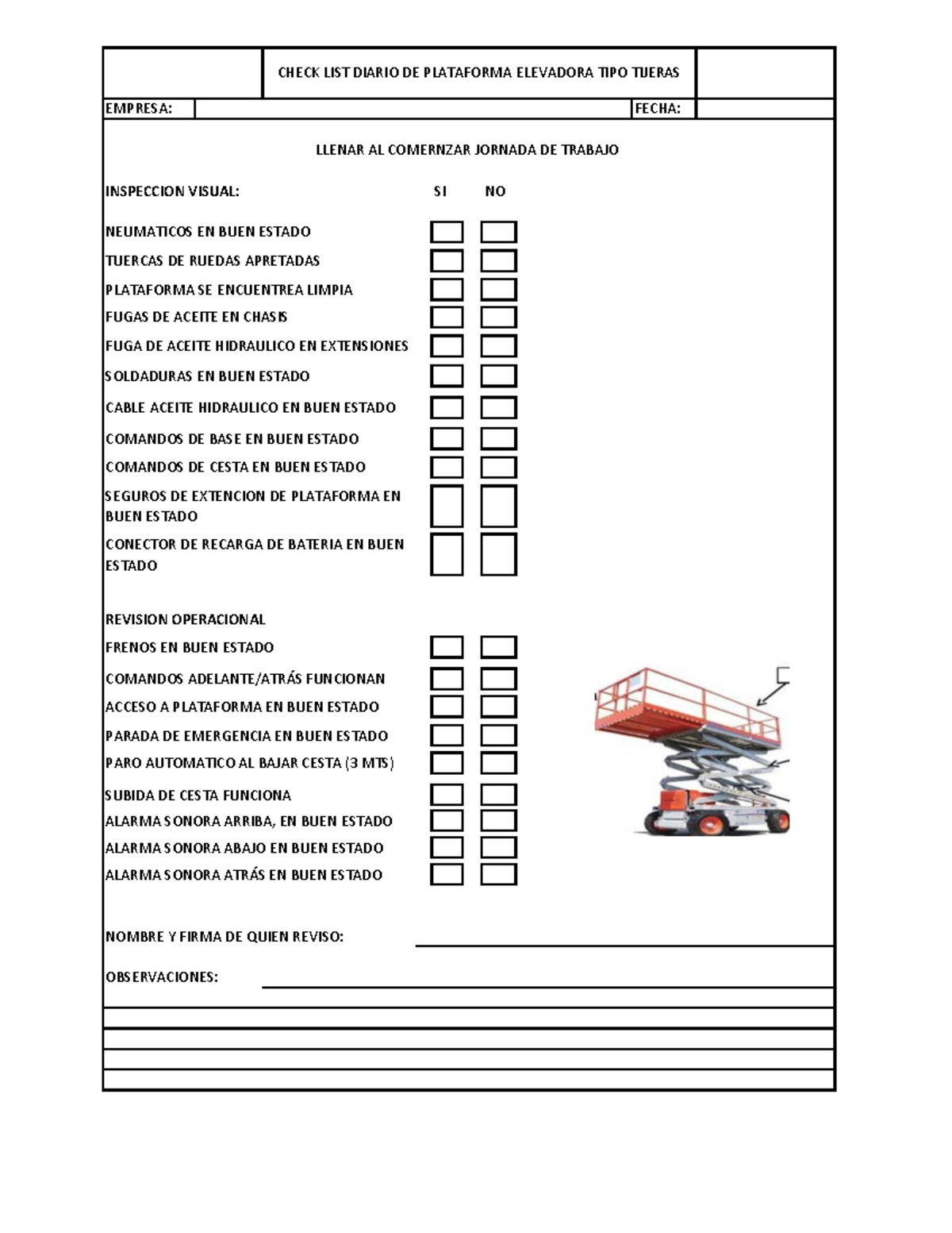 Check List Diario Plataforma Elevadora Tipo Tijeras - Inspección - Studocu