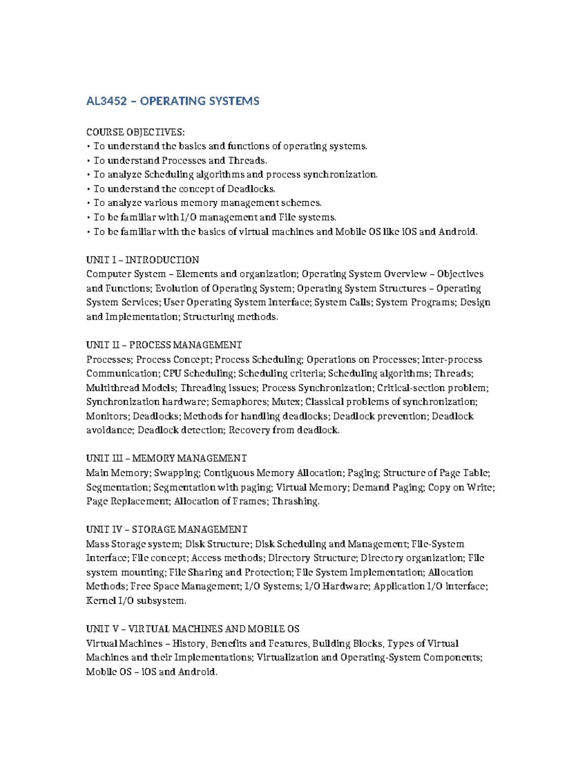 AL3452 Operating Systems Syllabus Overview and Key Concepts - Studocu