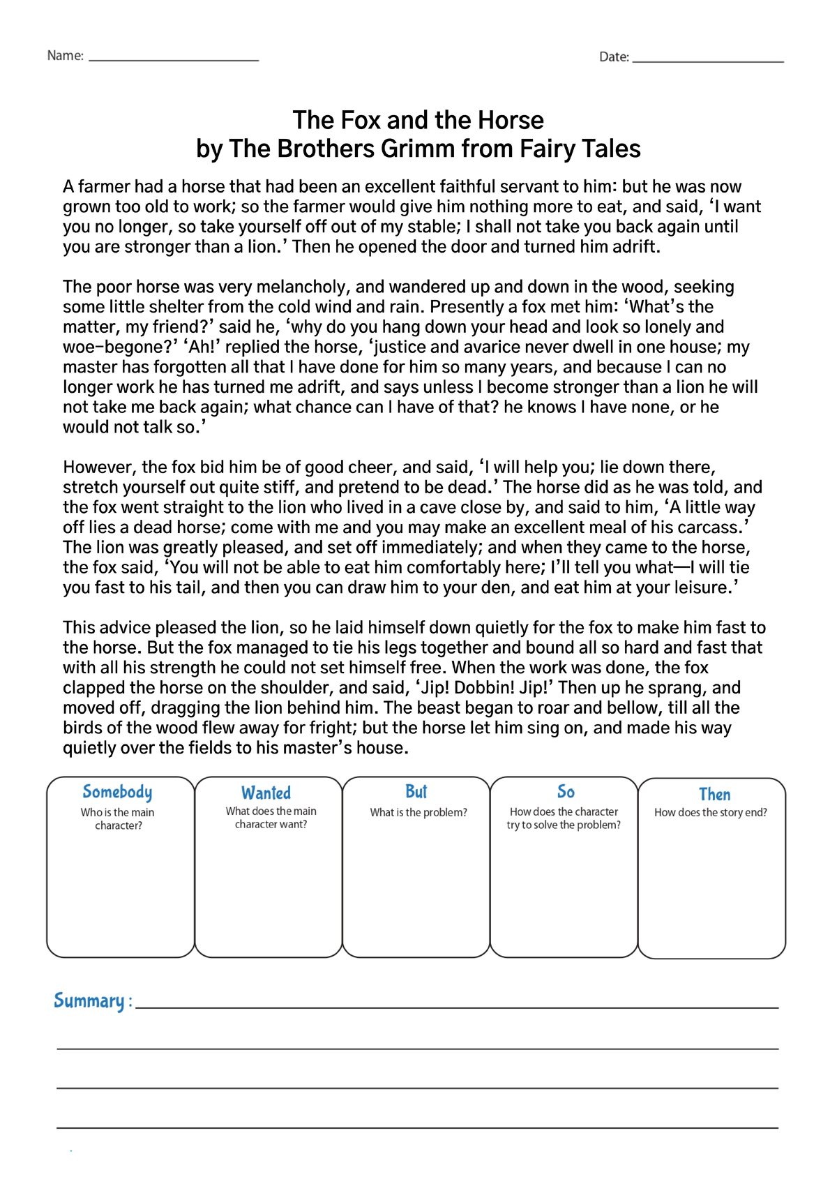 Somebody Wanted But So Then Summary Worksheet - Study Guide - Studocu
