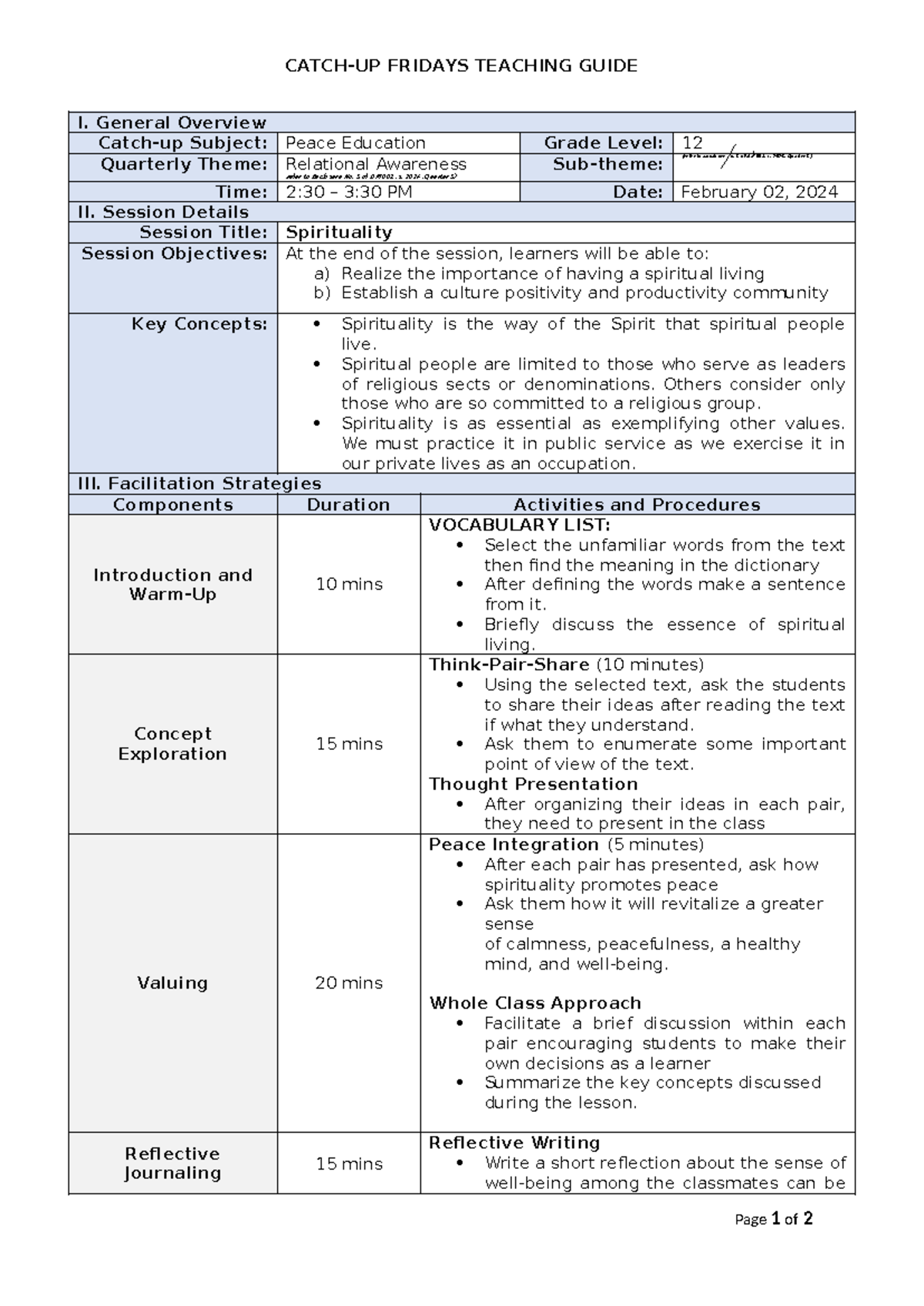Reading Plan - CATCH-UP FRIDAYS TEACHING GUIDE I. General Overview ...