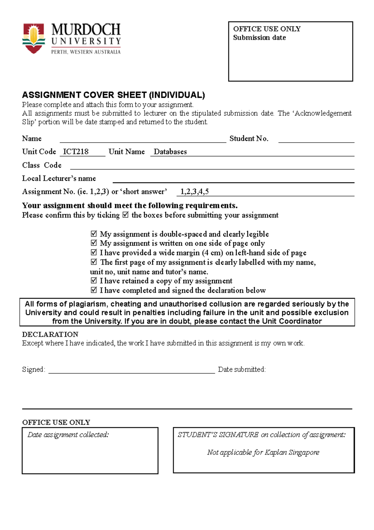 Example 1 - SAMPLE OF PAST ASSIGNMENT SOLUTION - ASSIGNMENT COVER SHEET ...