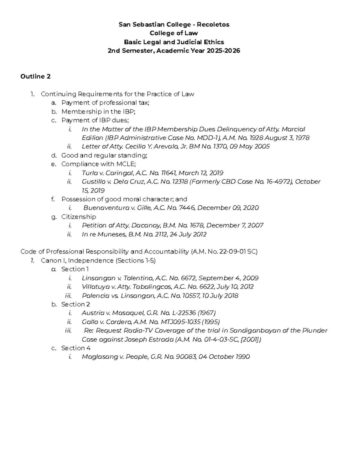 Outline of Basic Legal and Judicial Ethics (IBP Admin Case No. A.M ...