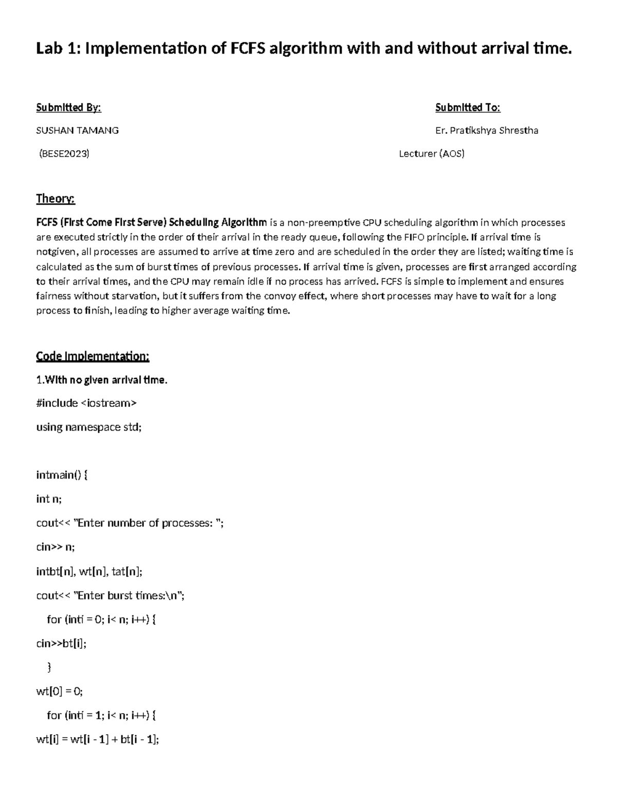 Lab 1: FCFS Algorithm Implementation (BESE2023) - Studocu