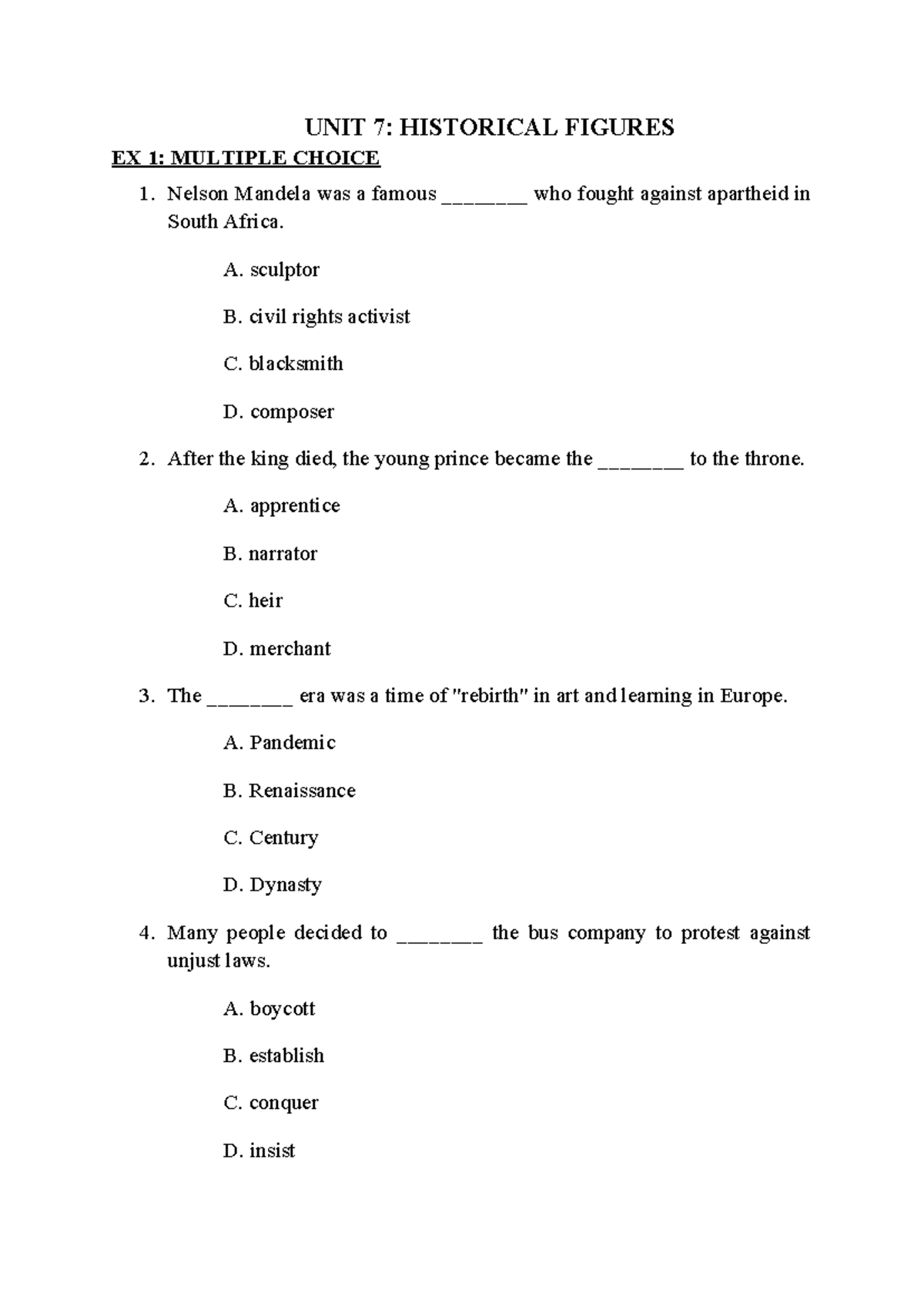 UNIT 7: Historical Figures - Answer Key for Exercises - Studocu