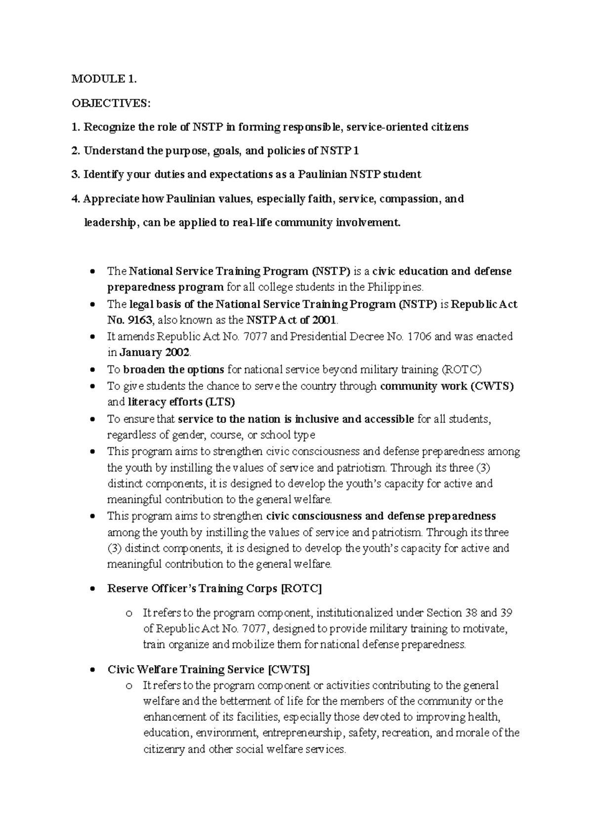 NSTP-101 Module 1: Objectives and Overview of NSTP - Studocu