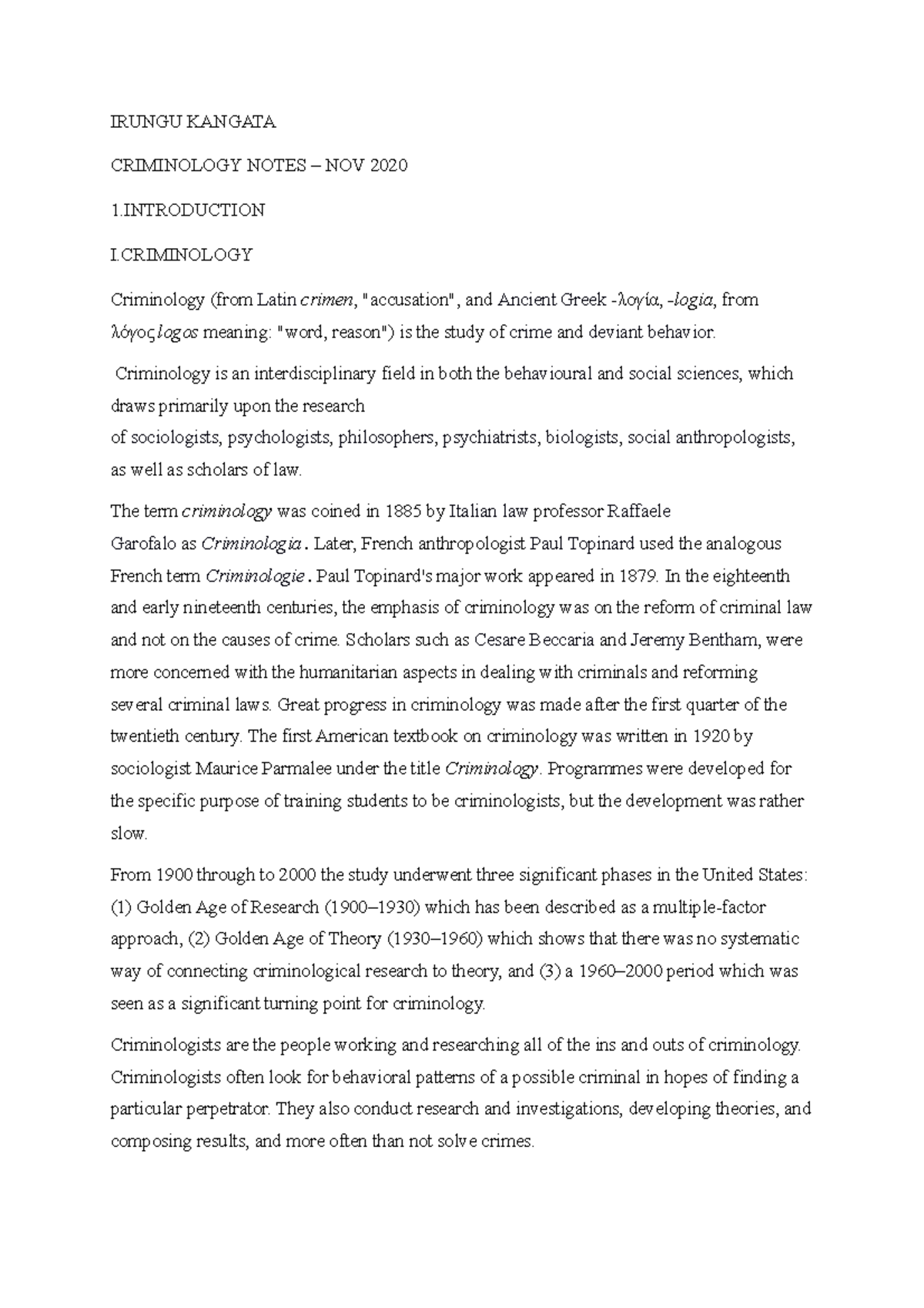 Criminology Notes Overview: Key Concepts from Nov 2020 - Studocu