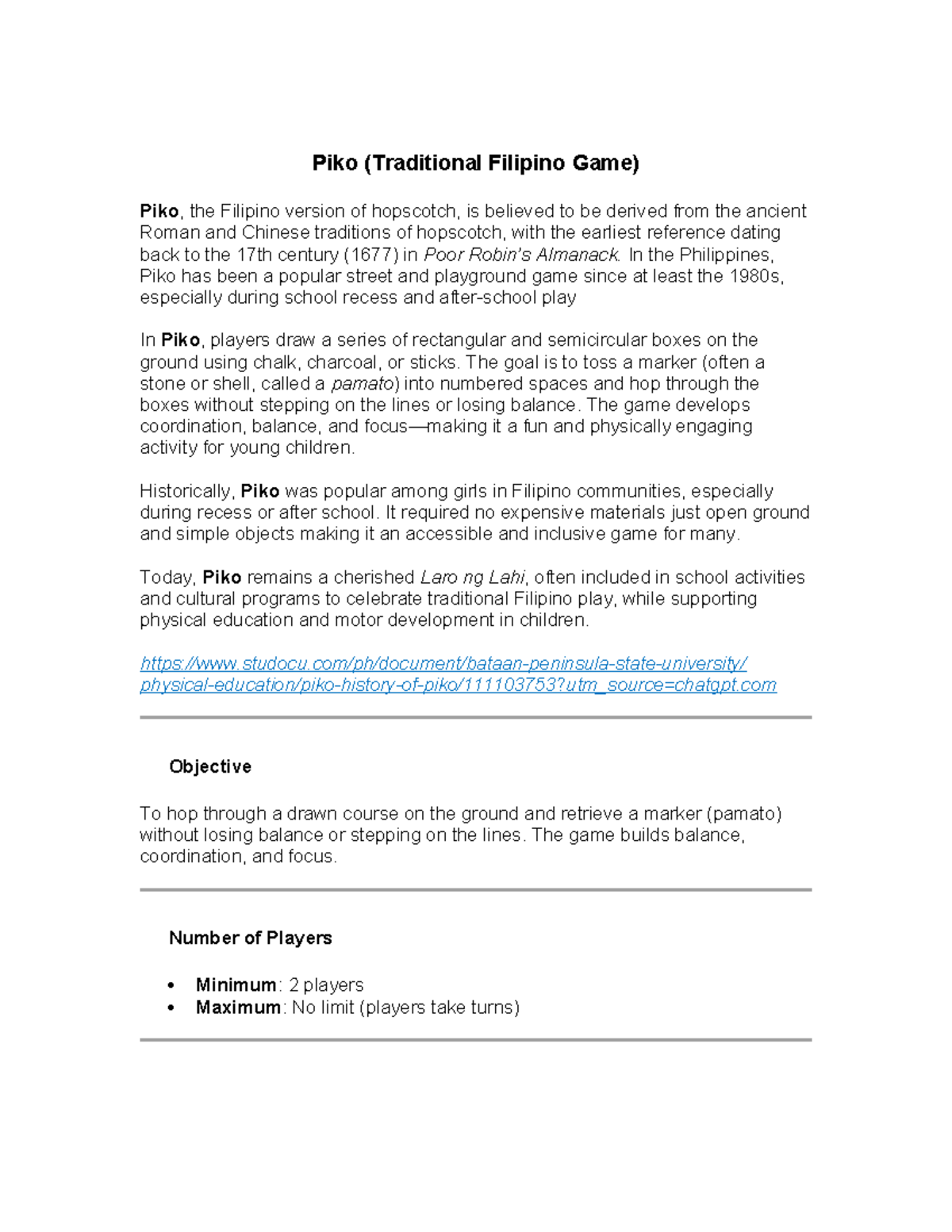 Piko (Traditional Filipino Game) - A Comprehensive Guide - Studocu