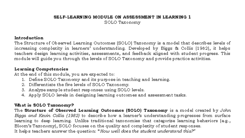 SOLO Taxonomy Module AIL1: Understanding Learning Outcomes - Studocu