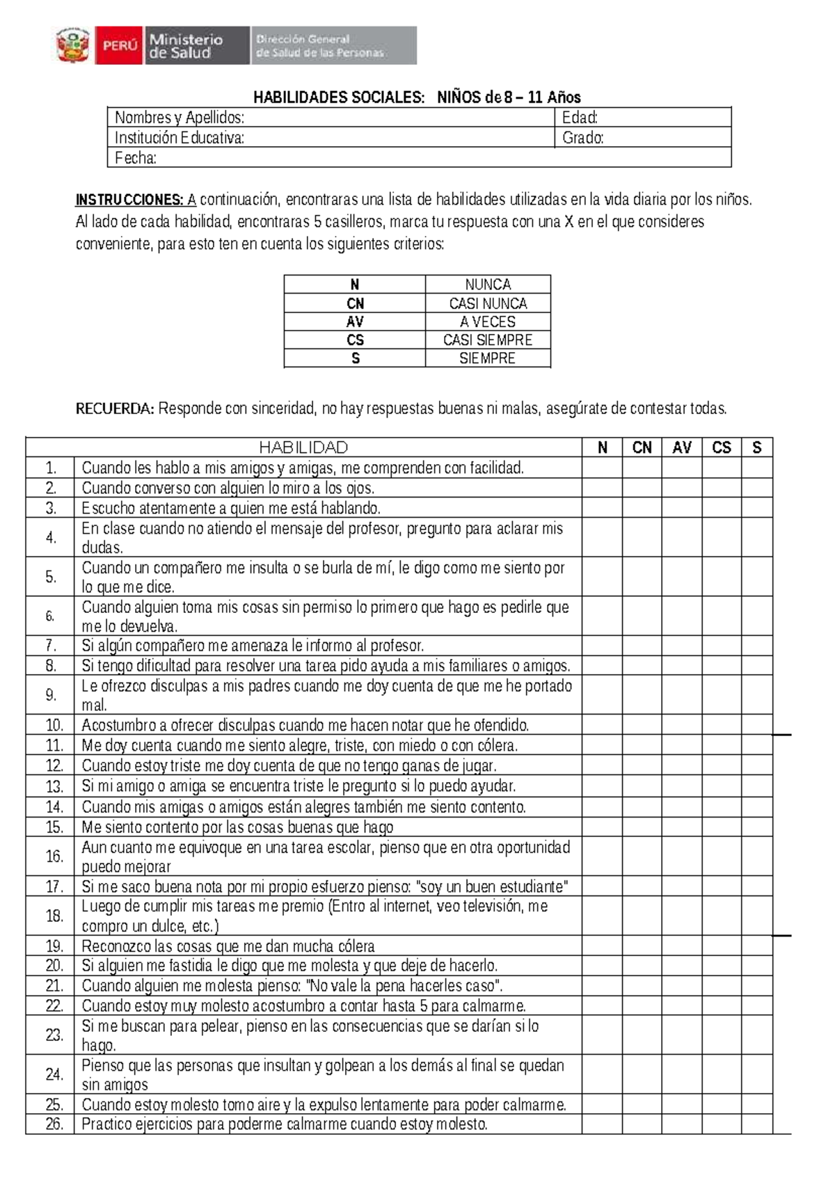 Cuestionario de Habilidades Sociales (HHSS) para Niños de 8 a 11 Años ...