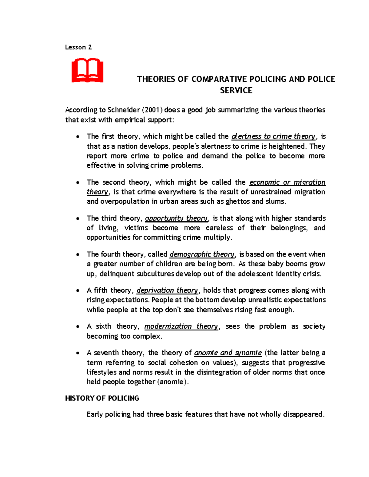 Theories of Comparative Policing and Police Service - Lesson 2 ...