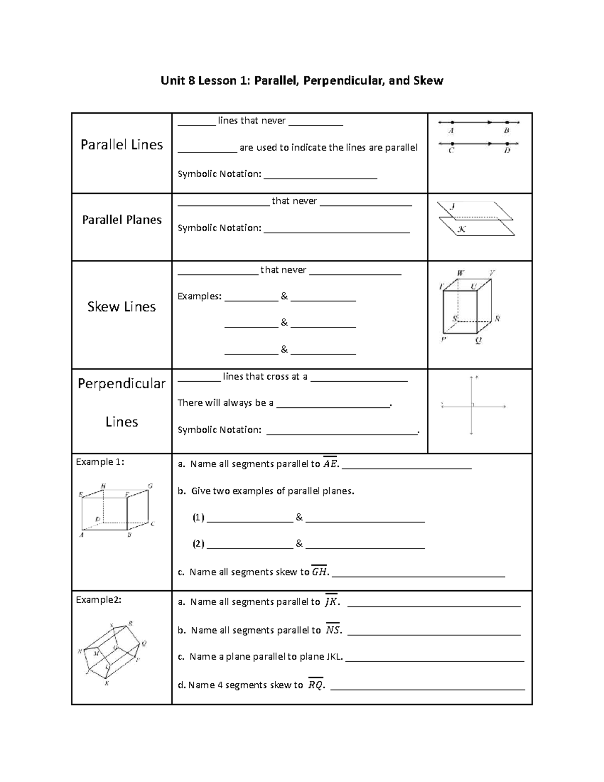 Understanding Parallel, Perpendicular, and Skew Lines: Unit 8 Lesson 1 ...