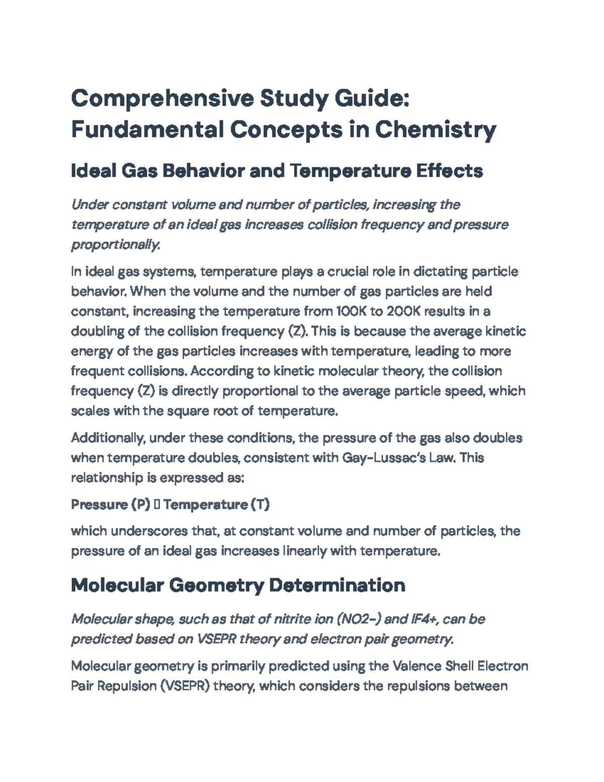 Comprehensive Chemistry Study Guide: Ideal Gas Behavior & Molecular ...