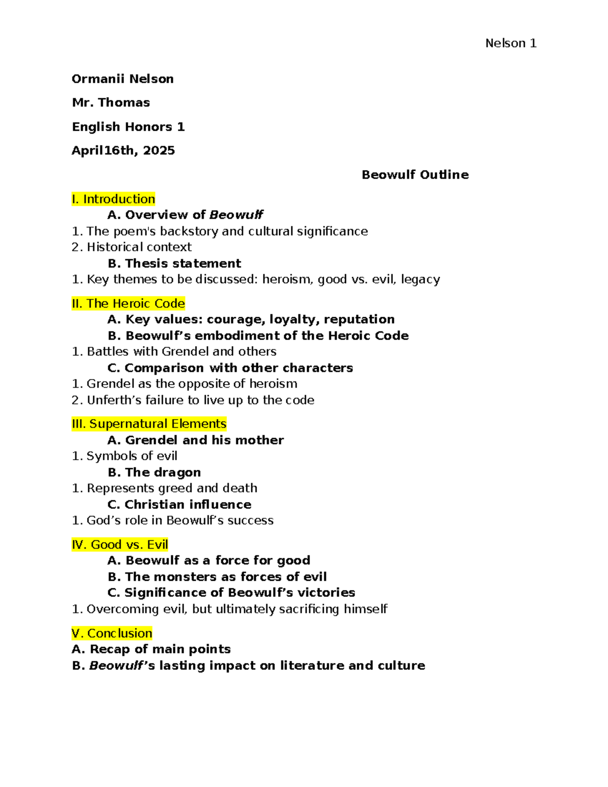 Beowulf Outline - English Honors 1 - April 2025 - Studocu