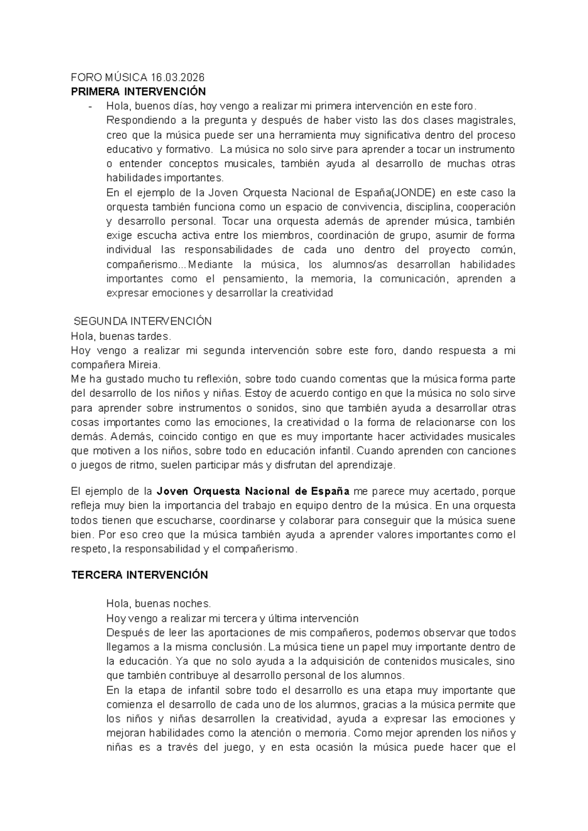 FORO MÚSICA 16.03.2026: Reflexiones sobre la Educación Musical - Studocu