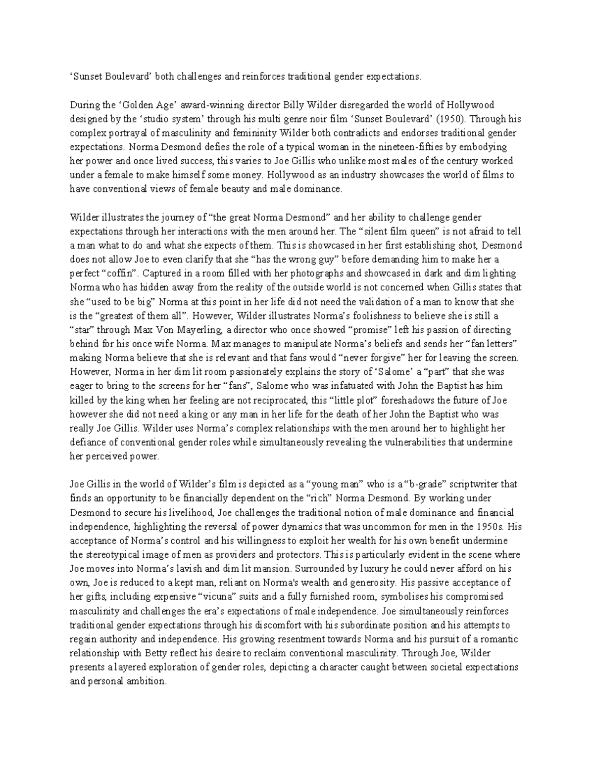 Gender Roles Practice Essay: Analyzing Wilder's 1950 Noir Film - Studocu
