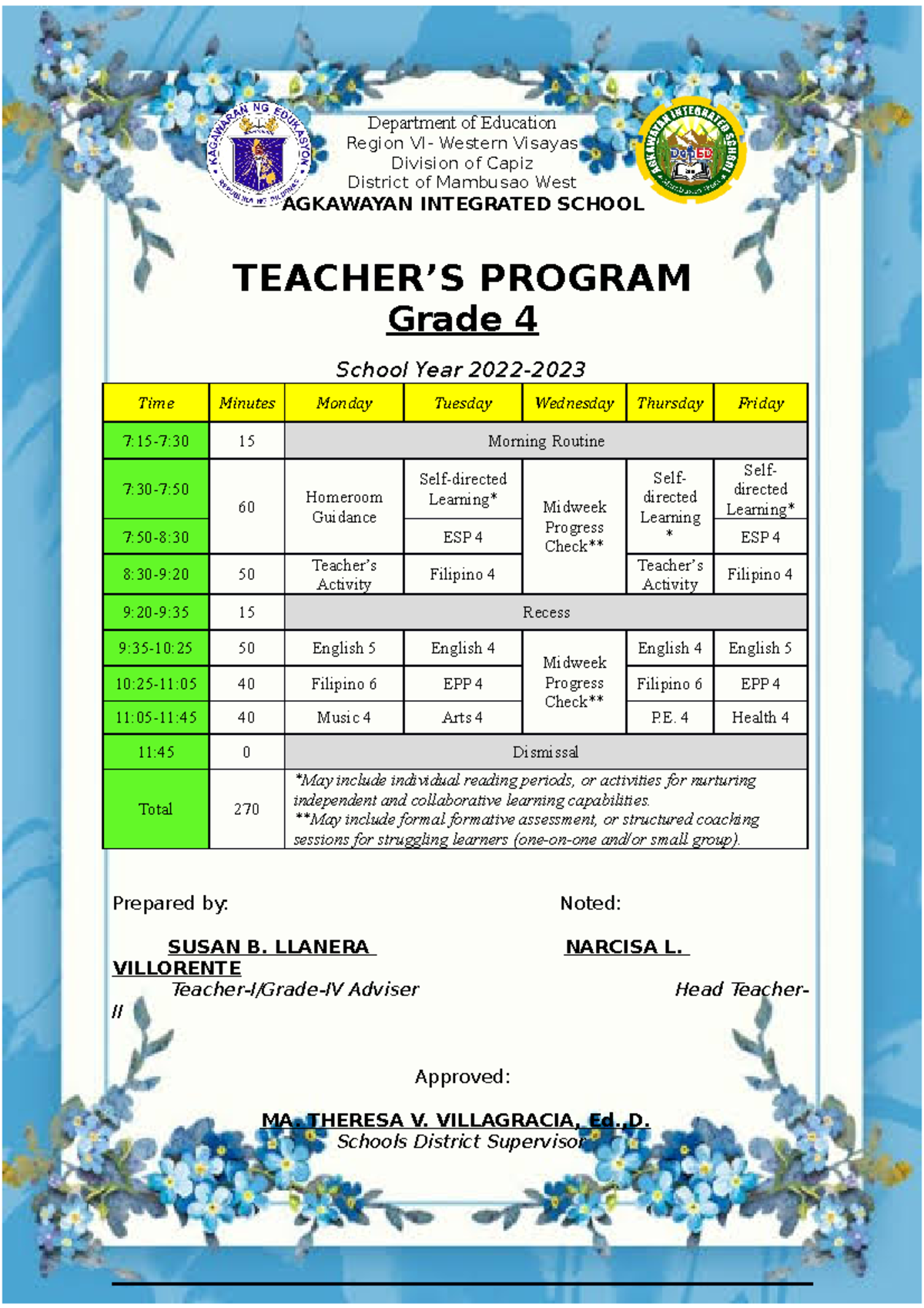 Grade 4 Teachers Program Class Program - Department of Education Region ...