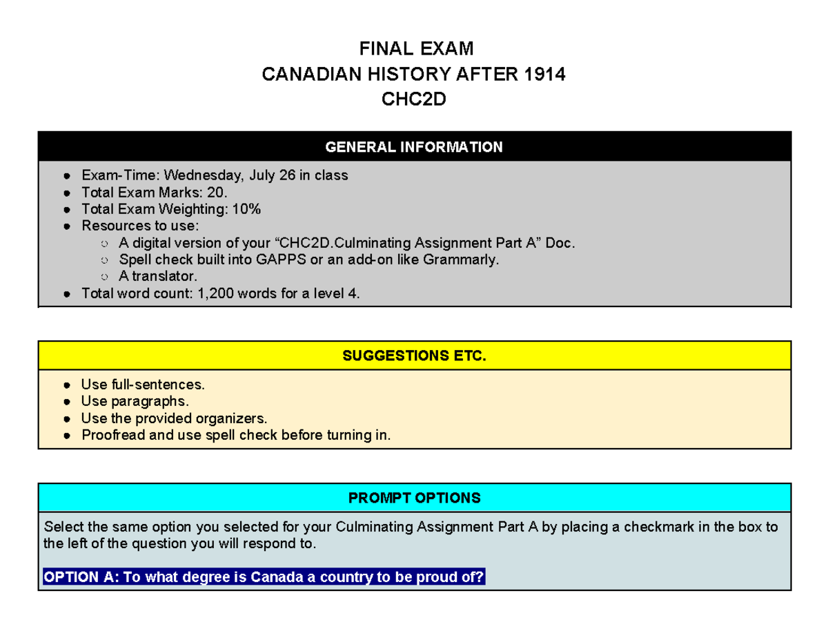 CHC2D Final Exam: Canadian History Synthesis & Analysis Guide - Studocu