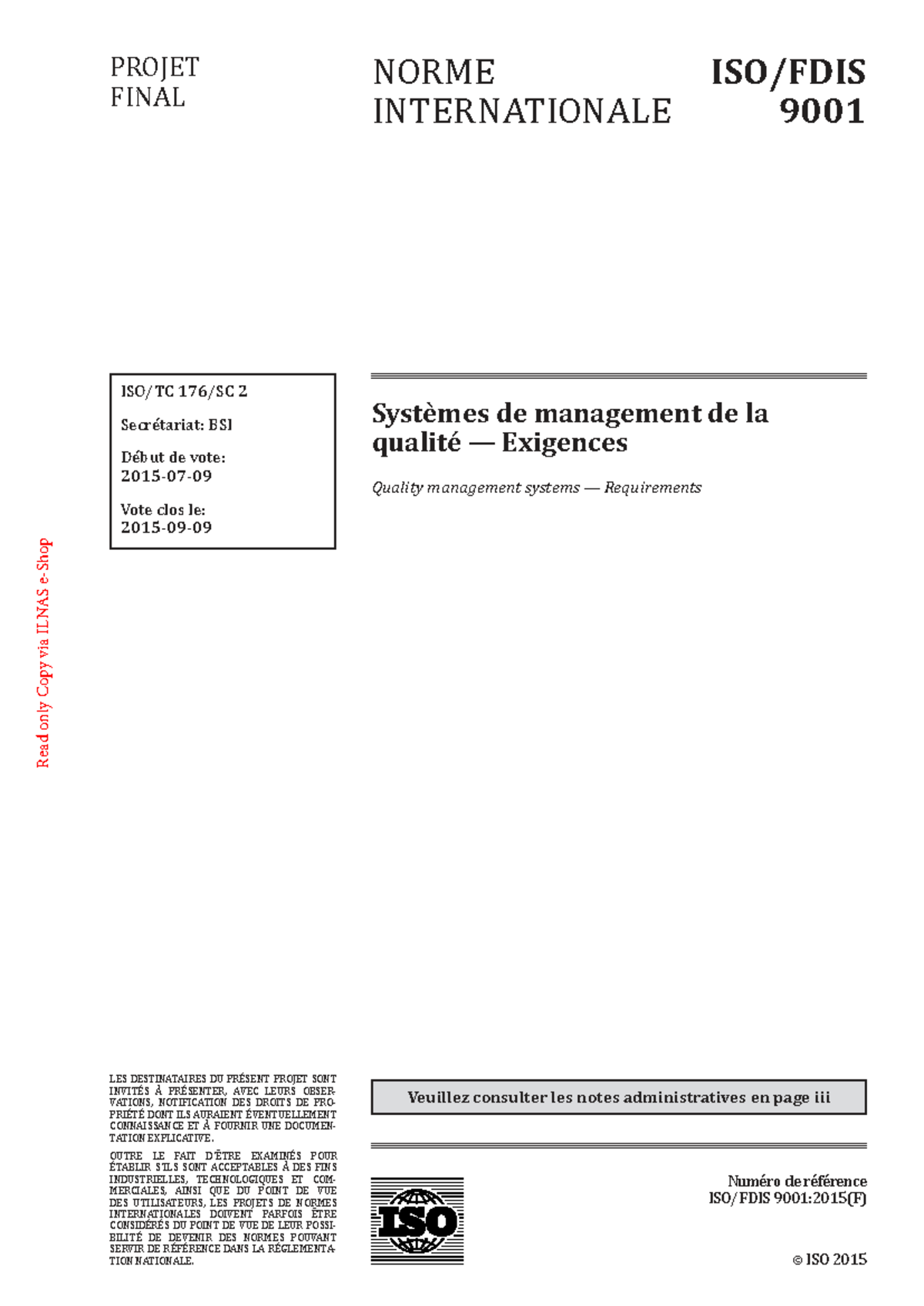 PROJET FINAL 9001:2015(F) Systèmes de Management de la Qualité - Studocu